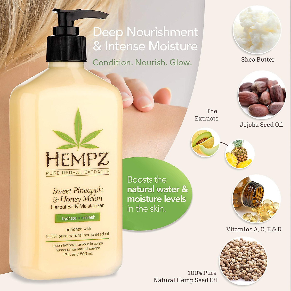 Hempz Sweet Pineapple & Honey Melon Moisturizing Skin Lotion, Natural Hemp Seed Herbal Body Moisturizer with Jojoba, Natural Extracts, Vitamin A and E, 17 oz, 2 Pack Bundle