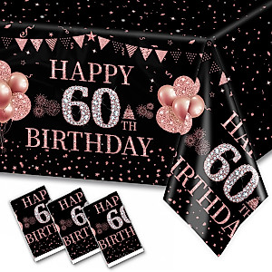 3Pcs Rose Gold 60th Birthday Tablecloths-Happy 60 Birthday Party Supplies for Women Rose Gold Disposable Rectangular Plastic Table Covers
