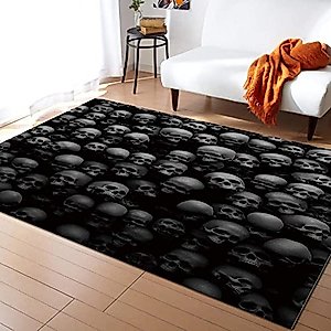 Black Horror Skull Head Area Carpet, Halloween Mysterious Abstract Decorative Rug, Printed Rugs Upholstery Rug with Non-Slip Backing for Living Room Bedroom Dining Room Office6 x 8ft