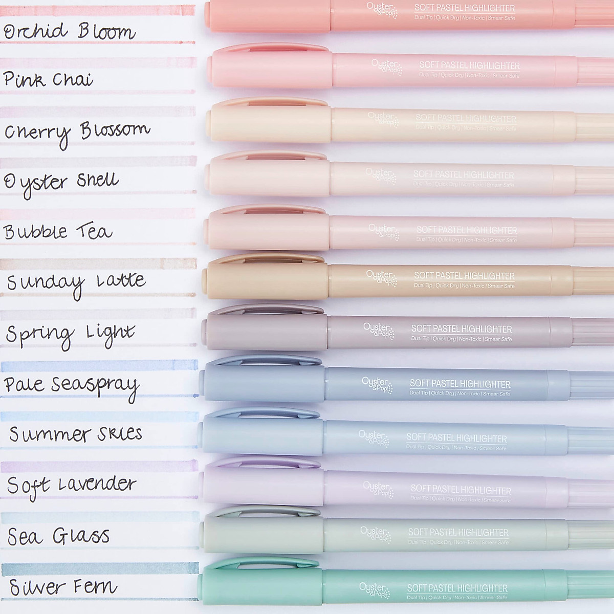 Oyster&Pop 12 Pcs Dual Tip No Bleed Pastel Highlighters | Aesthetic Desk Accessories & Book Highlighters | Cute No Bleed Highlighters for Journaling | Highlighters Aesthetic | Giftable Pen Pot