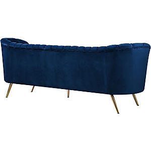 Meridian Furniture Margo Collection Modern | Contemporary Velvet Upholstered Sofa with Deep Channel Tufting and Rich Gold Stainless Steel Legs, Navy, 88" W x 30" D x 33" H