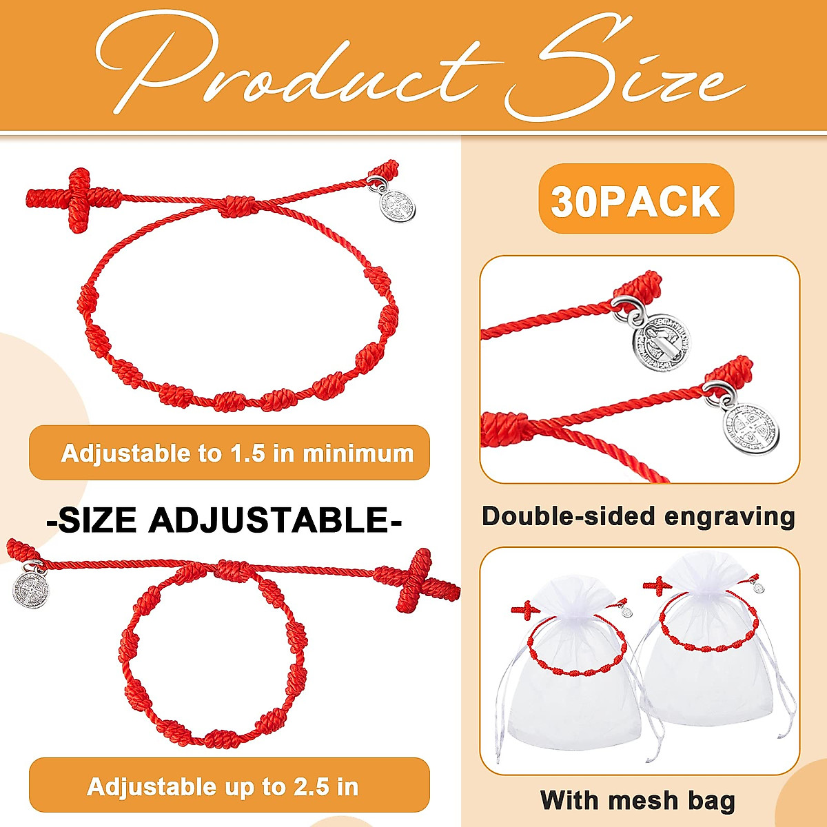 Yinkin 30 Pieces St Benedict Medal Rosary Bracelet Bulk Adjustable Knot String Braided Bracelet Baby Protection Mexican Bracelets with Mesh Bags for Women Men Girls Boys Minimalist Jewelry (Red)