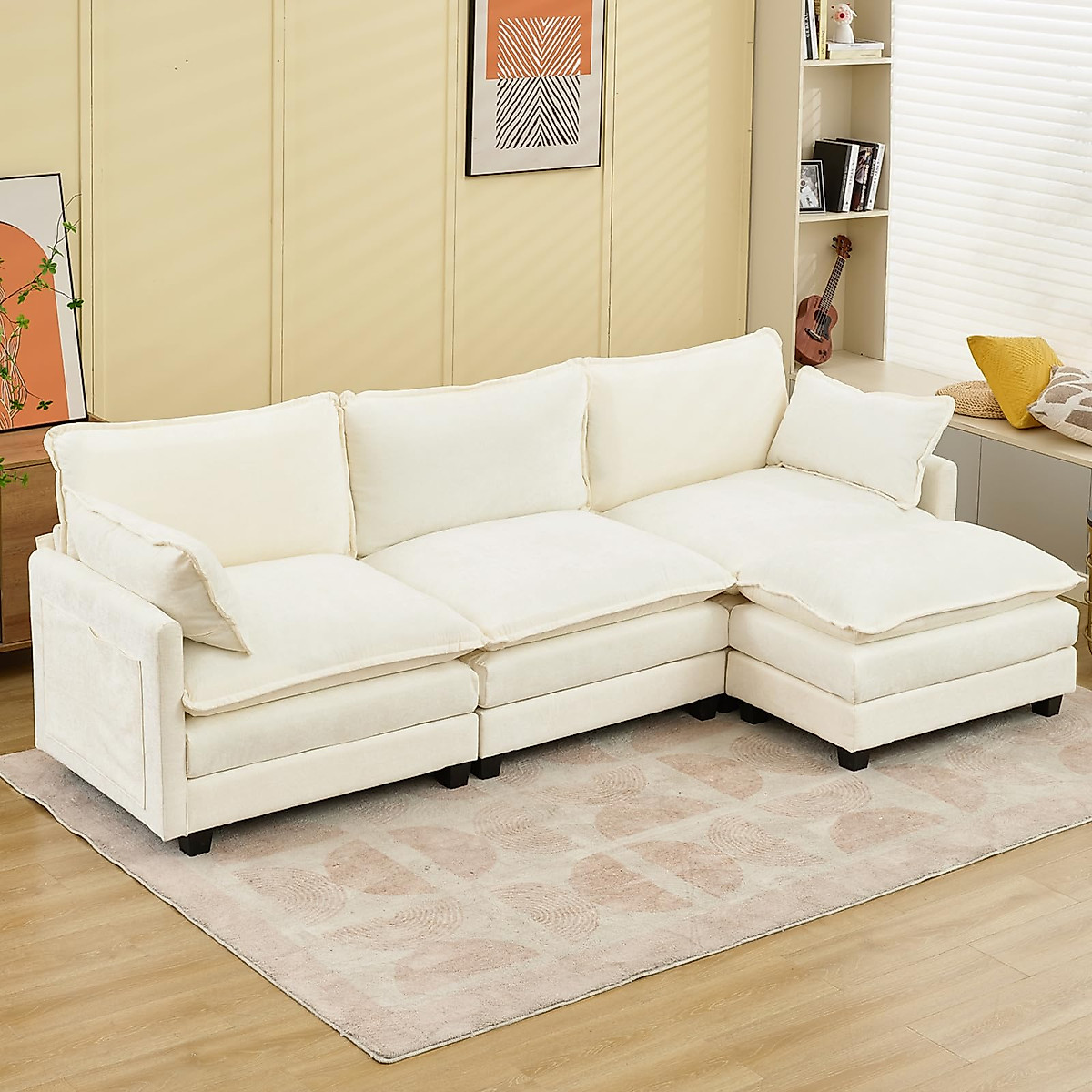 SAMERY Sectional Sofa Cloud Couch, 113" Big Comfy Couch L Shape Sofa Couch for Living Room Extra Deep Seat Sofa Couch Chenille Sofa Sleeper with Ottoman/Pillows, Cream White 3 Seat Sofa Cloud Couch