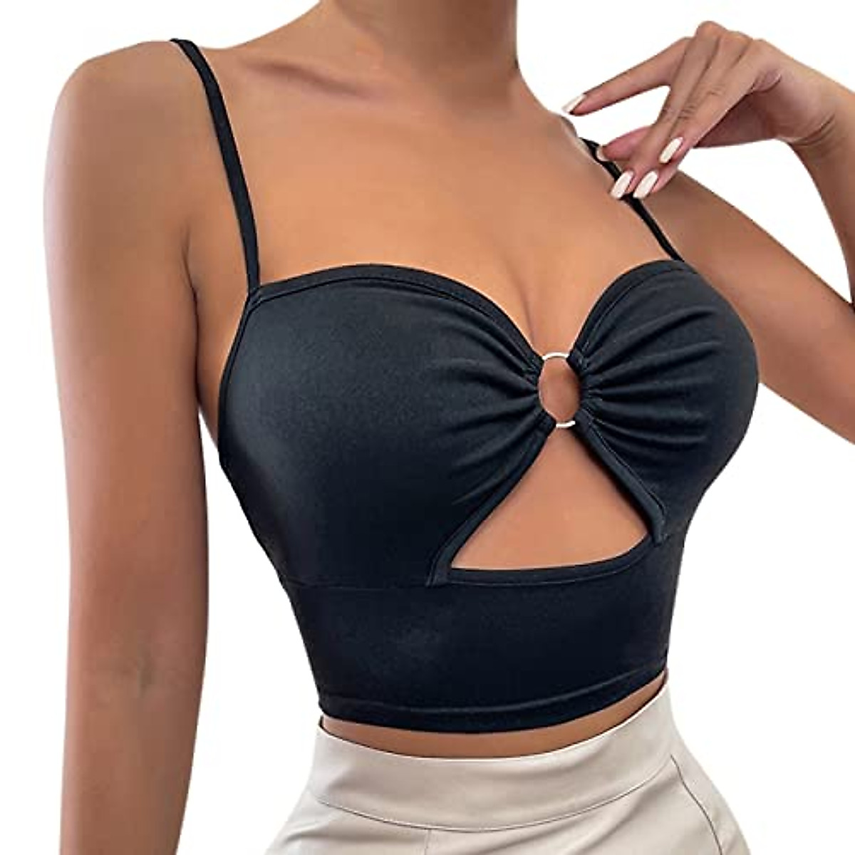 Women's Sexy Sleeveless V Neck Plunging Camisole Basic Solid Color Hollow Out Y4k Cropped Tank Top Slim Bustier Bras Black