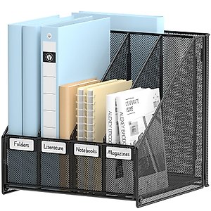 OUTWOLF Magazine File Holder with 4 Vertical File Sorters, Desk File Organizer Book Binder Holder Rack, Black