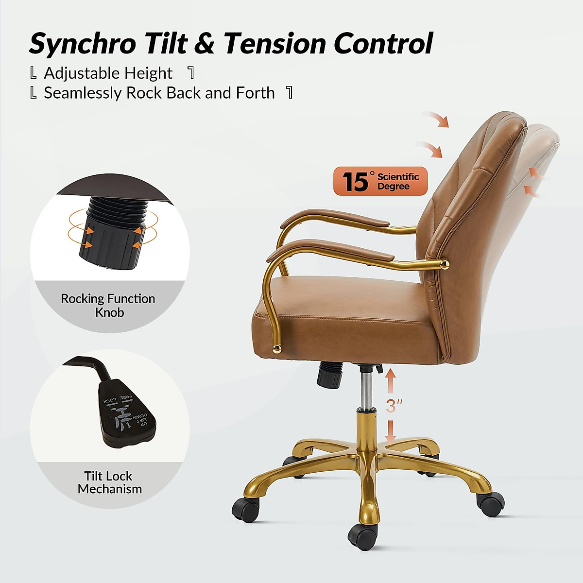 HULALA HOME Camel Leather Office Chair with Gold Legs, Swivel Desk Chair with Padded Seat and Armrests, Adjustable Height Task Chair