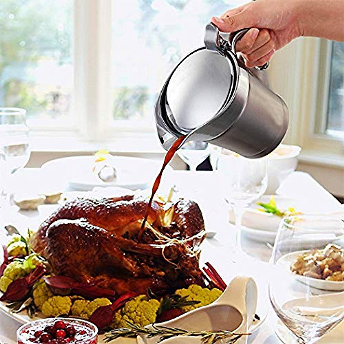 Double Insulated Gravy Boat - Stainless Steel Sauce Jug with Hinged Lid Hinged Lid Ideal for Gravy or Cream at Thanksgiving (450ML/16 OZ)