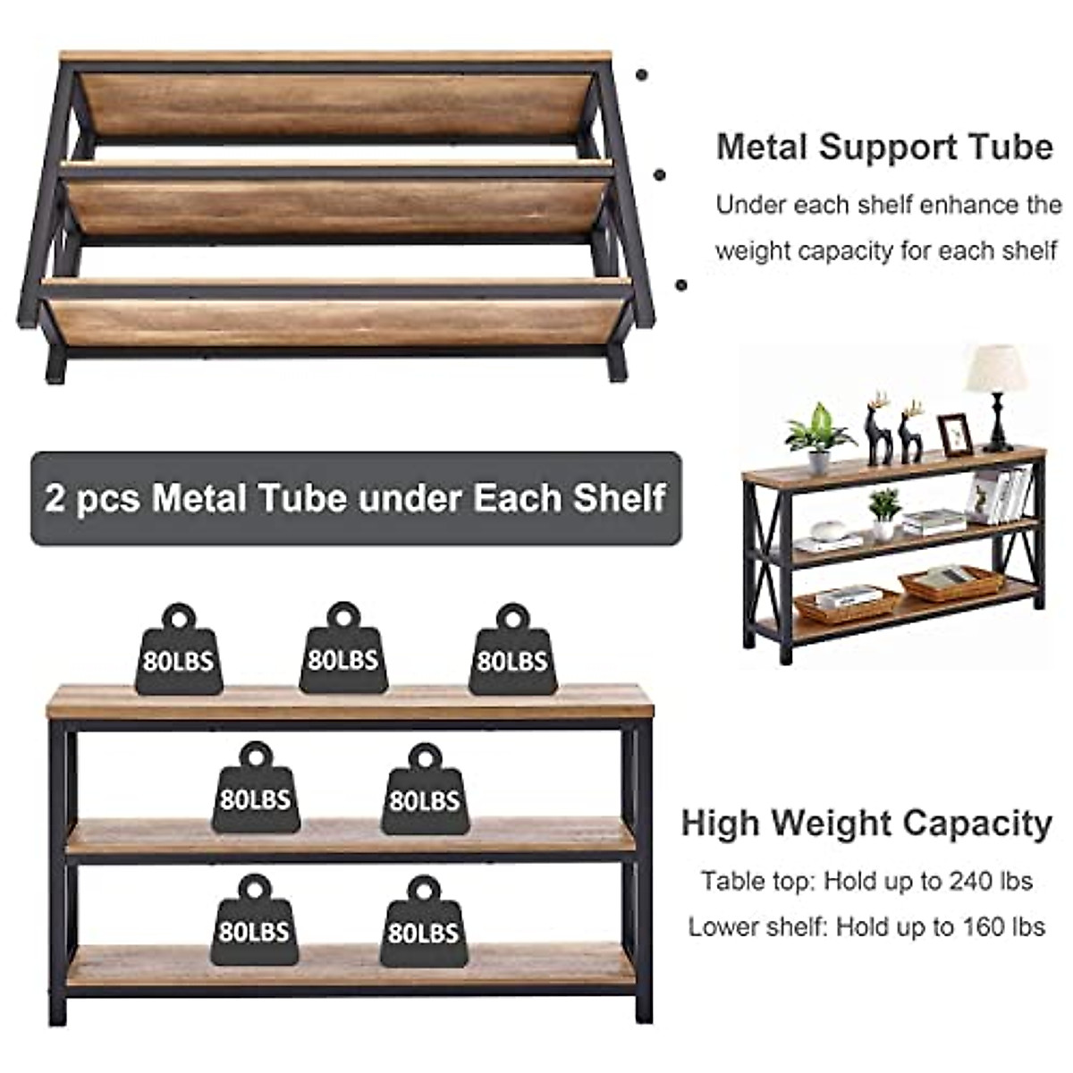FATORRI Industrial Console Table for Entryway, Wood Sofa Table, Rustic Hallway Tables with 3-Tier Shelves for Living Room (55 Inch, Rustic Oak)