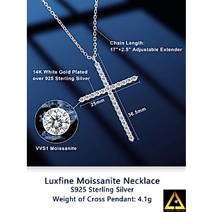 Luxfine Moissanite Cross Necklace for Women, Sterling Silver Diamond Crucifix Pendant, White Gold Plated Iced Out Jewelry, Metal, Moissanite