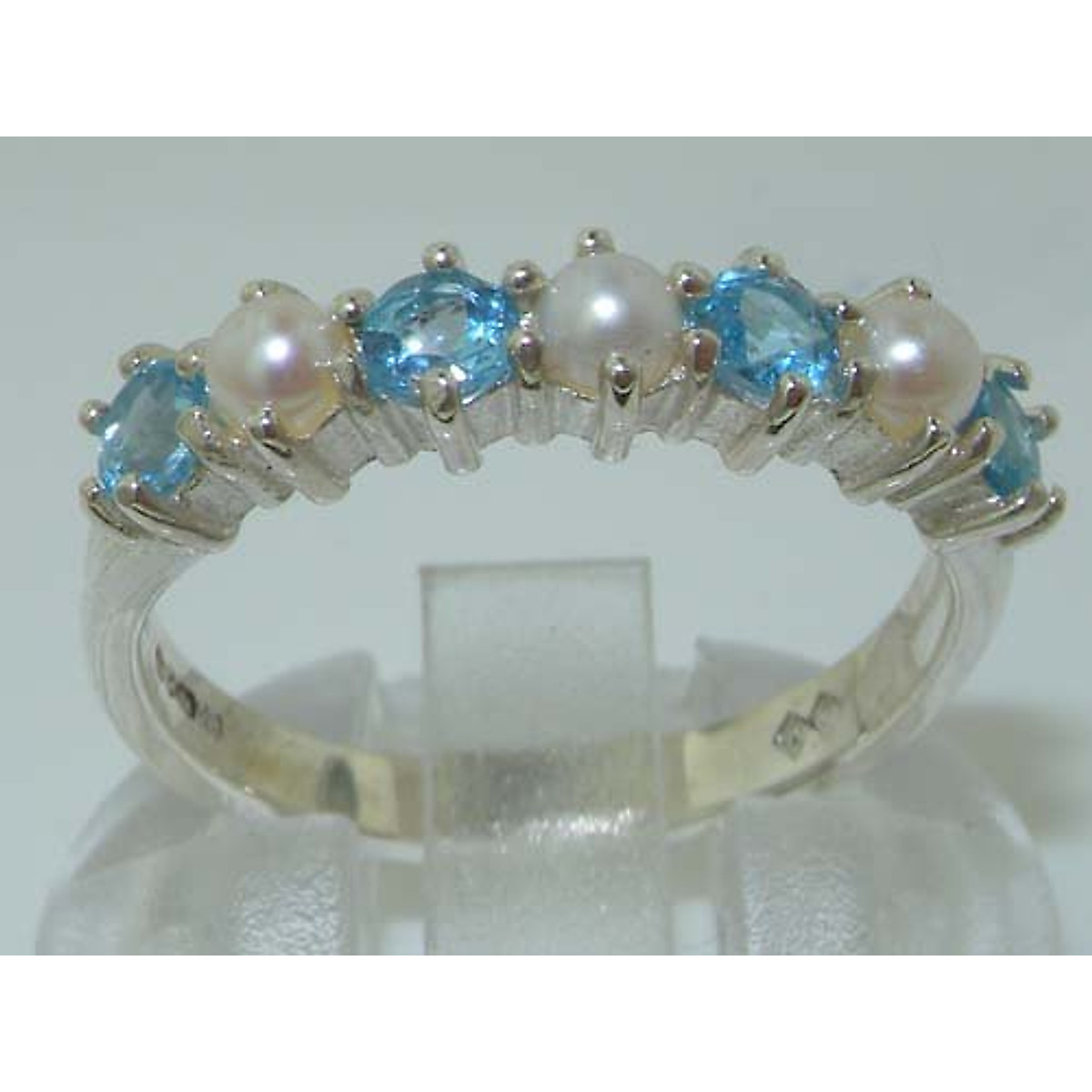 LetsBuyGold 925 Sterling Silver Cultured Pearl & Blue Topaz Womans Eternity Band Ring - Size 10