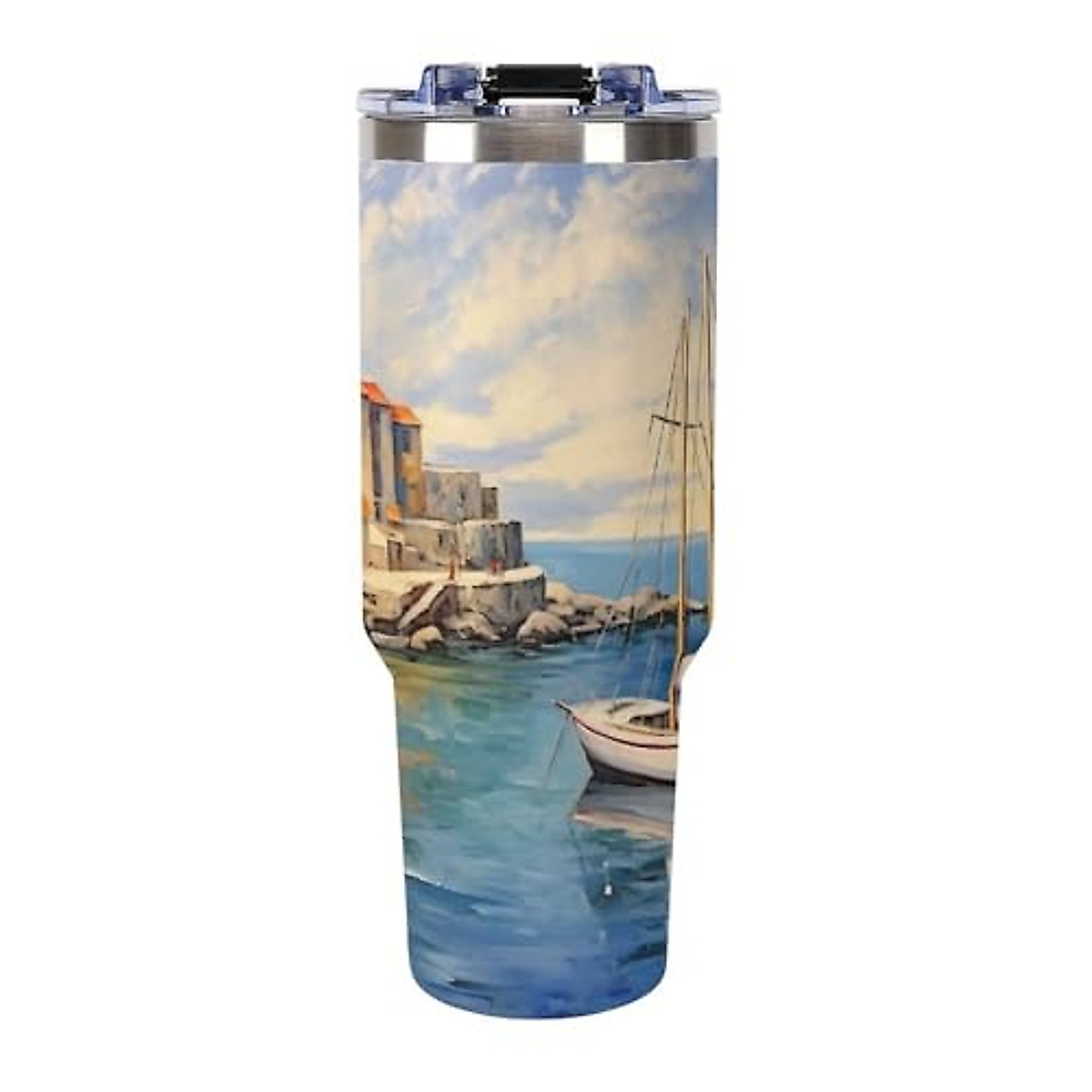 40 Oz Romantic Entitled Seaport Insulated Stainless Steel Tumbler with Handle & Straw Lid, Reusable Travel Cupholder Friendly Mug for Coffee, Water, Tea