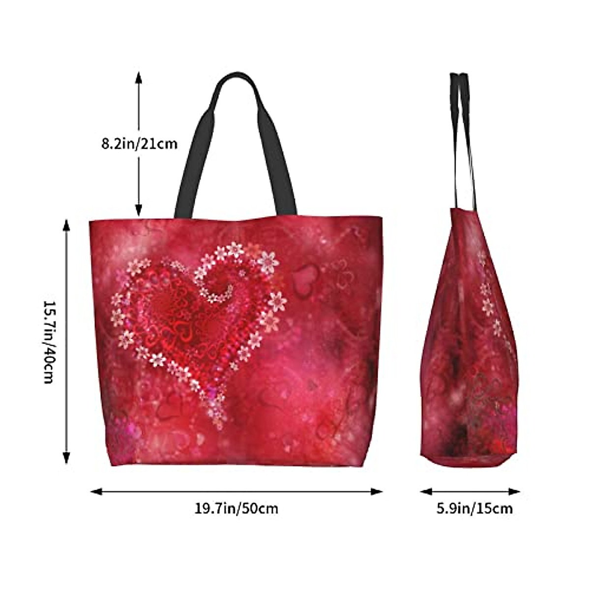 Zelamiee Love Hearts Florals Washable Large Shopping Tote Bag with Handle for Work Shopping Beach Travel