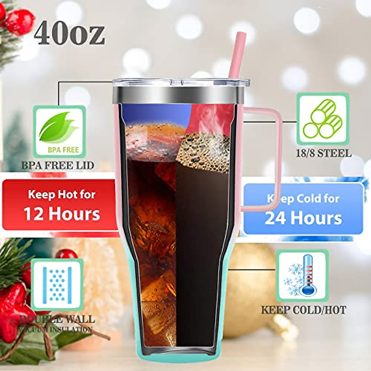 Merfefe 40oz Insulated Coffee Tumbler with Handle.40 oz Tumbler with Handle and Lid and Straw.Keep Drinks Cold Hot.Easy to Hold,Sweat Proof,Leak Proof,Dishwasher Safe.