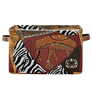 ALAZA Decorative Basket Rectangular Storage Bin, African Elephant Ethnic Organizer Basket with Leather Handles for Home Office