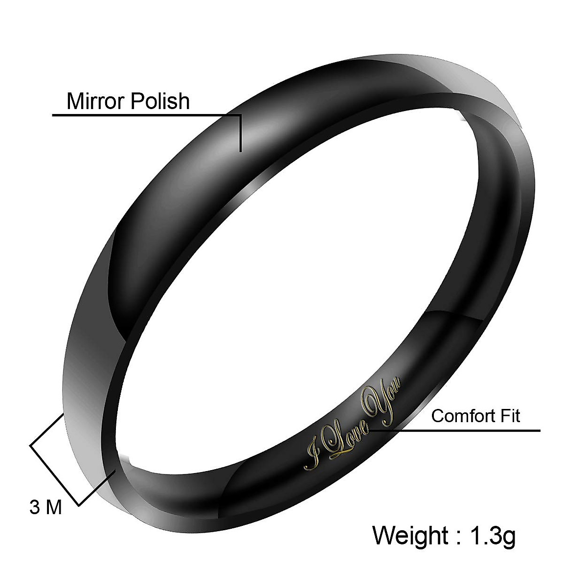 Everstone Women's Shiny Polish 3MM Dome Promise Ring Wedding Bands Titanium Ring Color: Black Engraved I Love You
