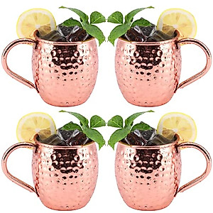 Moscow Mule Mugs Set of 4, Hammered Copper Moscow Mule Mug | Stainless Steel Lining, Copper Plating Cups with Gold Brass Handles Moscow Mule Copper Mug