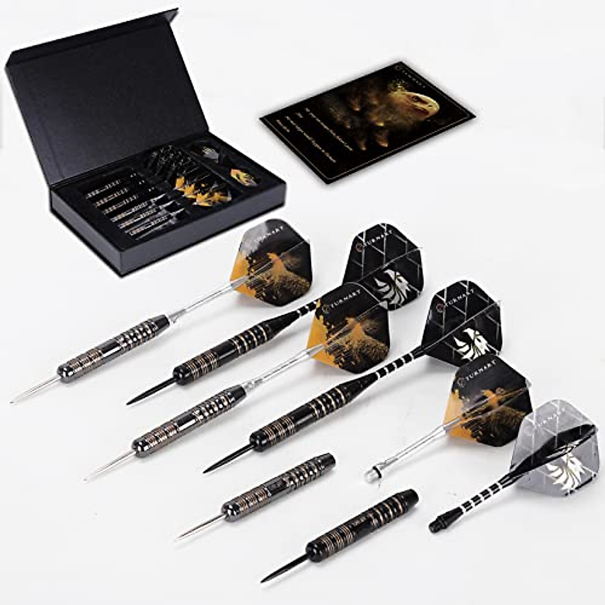 Darts Metal Tip Set, Brass Darts Steel Tip Set Professional for Bristle Dartboard, 3 Pieces 20 Grams and 3 Pieces 22 Grams Steel Tip Darts with 21 Extra Flights and a Darts’ Tool (1)