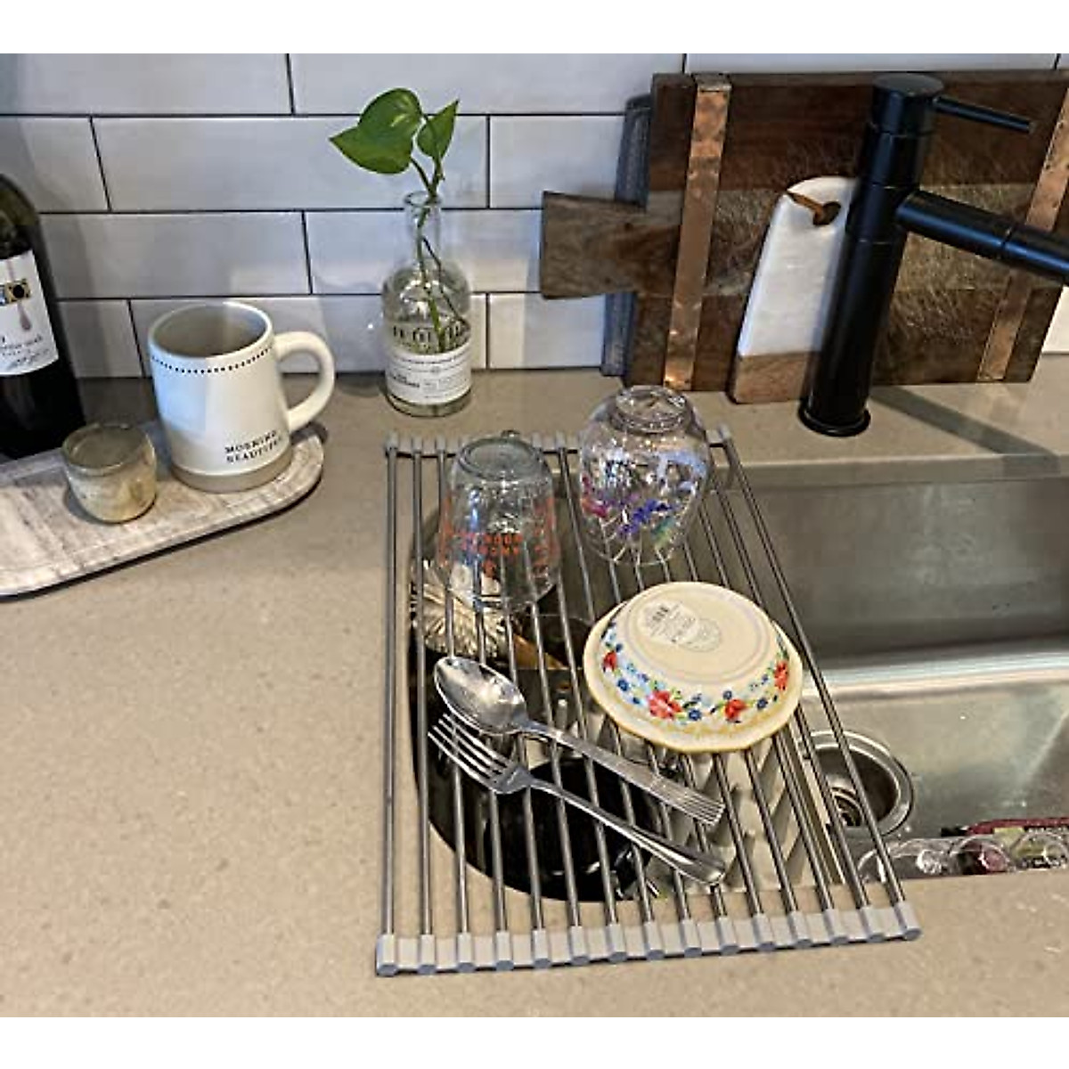 Abigail and Grey Over The Sink Drying Rack Minimalist Roll Up Drying Rack with Premium Metal Strainer Tines - Bonus Flour Sack Kitchen Towel