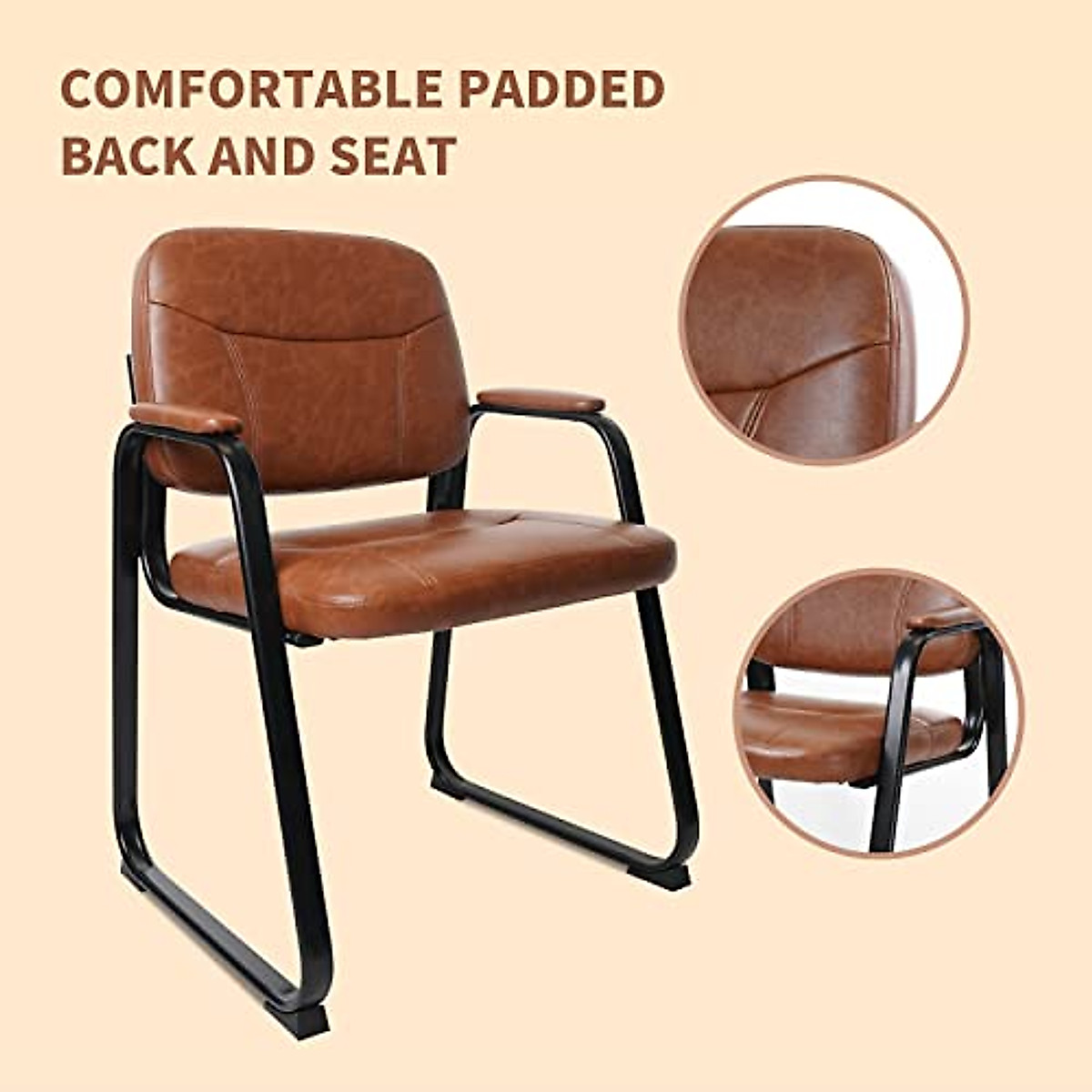 CLATINA Reception Chair with Sled Base and Bonded Leather Padded Armrests, Modern Style Guest Chair for Office Meeting Waiting Room Conference Desk, Brown (4 Pack)