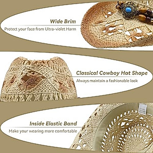 POUDAY Straw Cowboy Hat for Women Western Cowboy Hat with Wide Brim Breathable Cowgirl Hat for Summer Beach Beige
