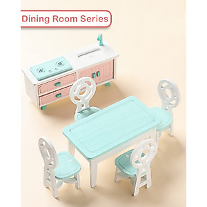 Wooden Dollhouse Furniture Set for Kids Colorful Pretend Play Toys with Wood Miniature Dining Room Doll House Accessories for Girls Boys Role Play Birthday Children's Day (PTD01)