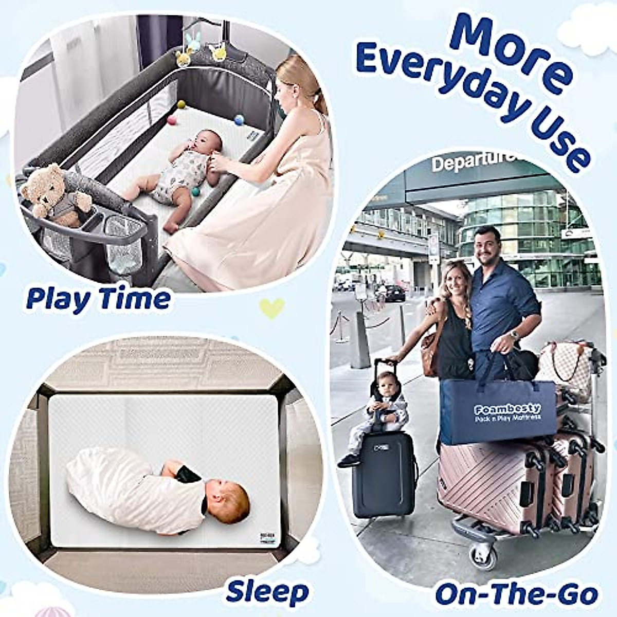 Foambesty®️ Tri-fold Pack n Play Mattress Pad, Portable Pack and Play Mattress, Dual Sided Playard Pad Playpen Foam for Baby & Toddlers, Mini Crib Mattress Nap Mat (38''x26''), Includes Carry Bag