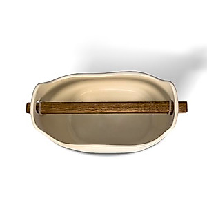 QualKits Ceramic Utensil Holder with Acacia Wood Handle - Multipurpose Caddy Organizer - Bathroom Organizer Countertop (White)