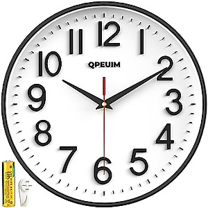 QPEUIM Wall Clock Wall Clocks Silent Non-Ticking Battery Operated Large Easy to Read with Stereoscopic Dial Ultra-Quiet Movement Quartz for Office Classroom School Home Kitchen (10 inches)