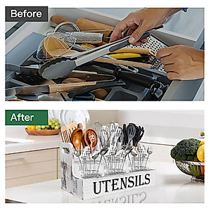 Suli Extra Large Kitchen Utensils Holder with 4 Compartments, White Wooden Utensil Organizer for Kitchen Countertop, Farmhouse Kitchen Decor, Rustic Cooking Utensil - White grain