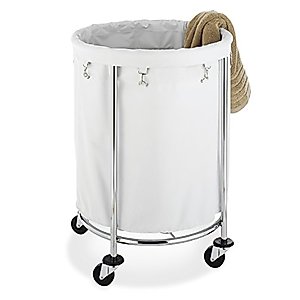 Whitmor Round Commercial Removable Liner and Heavy Duty Wheels-Chrome Laundry Hamper, Silver and White