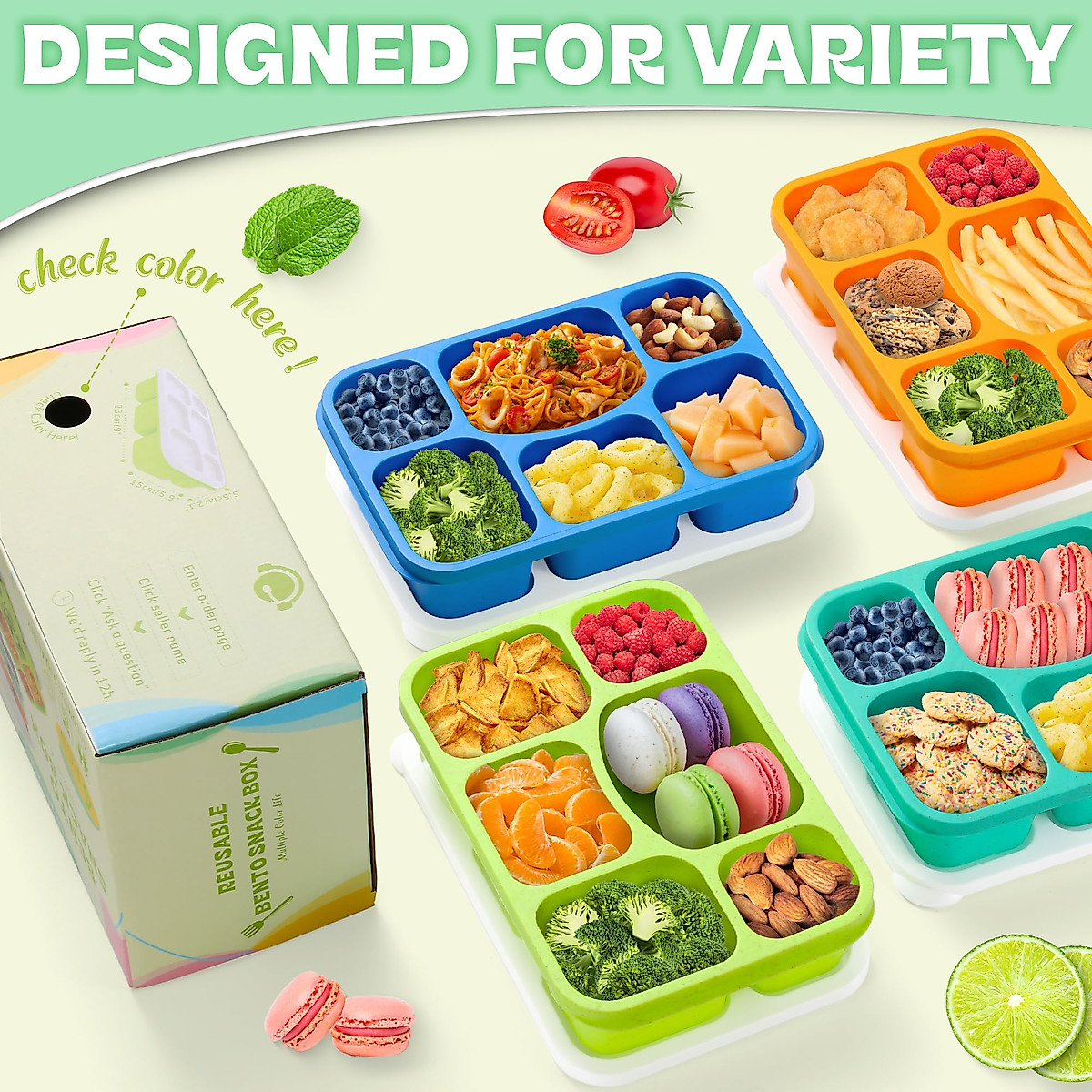 Bento Lunch Box Snack Containers, Reusable Meal Prep Lunchable Containers for Adults Kids, Stackable Bento Snack Box 4 Pack, 6 Compartment Divided Food Containers, Sauce Container, Bright Colors
