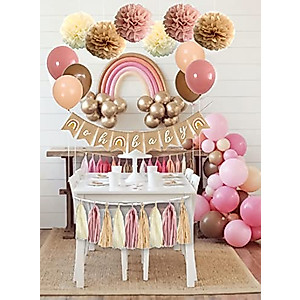 40 Pack Boho Rainbow Baby Shower Gender Neutral Party Oh Baby Burlap Banner Tissue Tassel Garland Pom Poms Dusty Rose Pink Mauve Nude Brown Balloons Backdrop Nursery Classroom Wedding Decoration