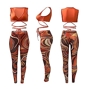 Uni Clau Women Sexy See Through Two Piece Jumpsuits Tie Dye Short Sleeve Bandage Crop Tops Sheer Mesh Skinny Long Pants Club Romper Outfits Orange XL