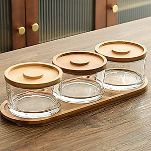 KVMORZE 9.5oz Chip and Dip Serving Set with Bamboo Tray, Snack Candy Fruit Nut Serving Platter, Small Glass Dipping Serving Bowls with Lids for Condiments, Side Dishes, Pre, Dessert, Salsa (4 Slots)