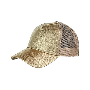 C.C Ponycap Messy High Bun Ponytail Adjustable Glitter Mesh Trucker Baseball Cap, Gold,One Size