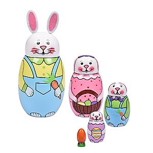 HYSIGUAN Easter Bunny, Handmade Easter Wooden Toys for Toddlers, 5 Pcs Russian Nesting Dolls, Special Easter Eggs Decoration for Home, Gifts, Table, Bedroom, Kitchen (Rabbit)