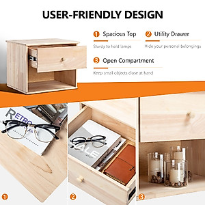 VINGLI Unfinished Natural Solid Wood Floating Nightstand for Bedroom, Small Nightstand with Drawer/Shelf, Farmhouse Night Stand Wall-Mounted Nightstand/Bedside Table for Small Space Color DIY