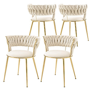 Modern Velvet Dining Chairs Set of 4, Upholstered Living Room Chair with Woven Back and Golden Metal Legs, Mid-Century Accent Side Chair for Dining Room, Living Room, Kitchen, Vanity Room, Ivory