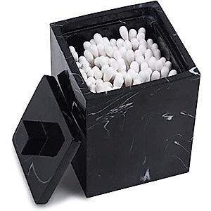 JUNGFORD Square Qtips Holder, Bathroom Countertop Storage Organizer Container with Lid for Cotton Swabs Rounds Balls Makeup Sponges Pads Bath Salts, Made of Black Marble Pattern Resin