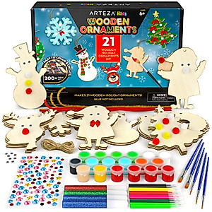 Arteza Kids Wooden Christmas Ornaments, 21 Blank Cut-Out Christmas Decorations, Over 200 Pieces, Includes Paint, Markers, Brushes, and Accessories, Craft Supplies for Kids’ After School Activities