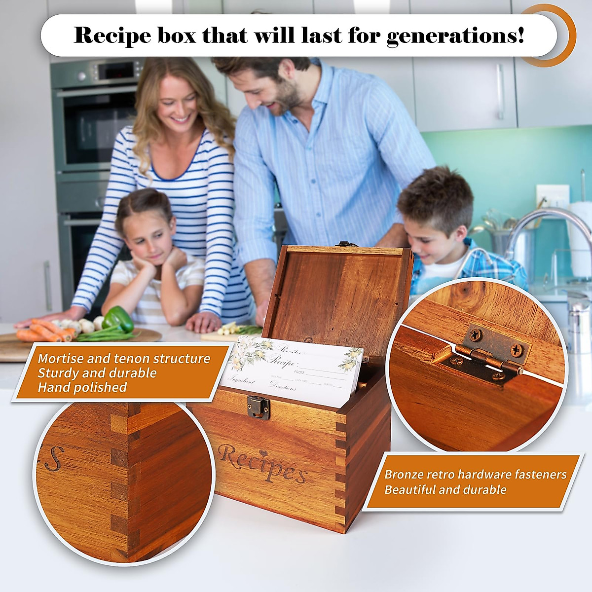 Acacia Recipe Box with 50 Blank Recipe Cards and 24 Dividers | Wooden Recipe Box with Divider Tabs, 2 Compartment | Wood Recipe Box with Double Sided 4 x 6 Recipe Cards and Box Set