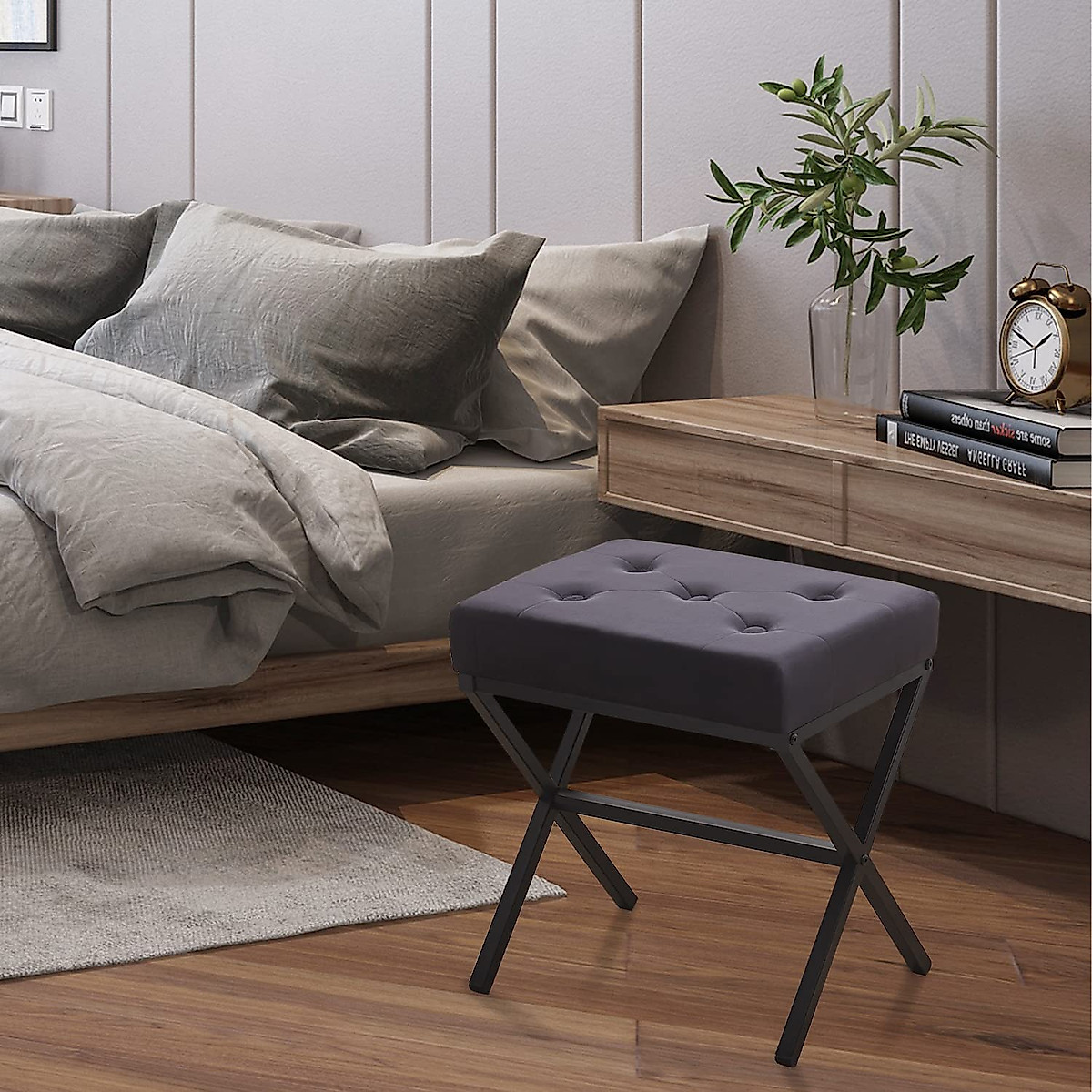 Cpintltr Velvet Ottoman Footrest Stool Tufted Vanity Stool Ottomans Thickened Cushion Footstool Mulifunctional Shoe Changing Seat Step Stools with Metal X Leg for Living Room Bedroom Black