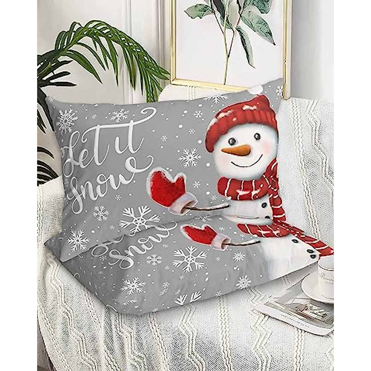 Edwiinsa Christmas Snowman Pillow Covers Standard Size Set of 2 Bed Pillow, Winter Red Snowflake Grey Plush Soft Comfort for Hair/Skin Cooling Pillowcases with Envelop Closure 20x26 Inches