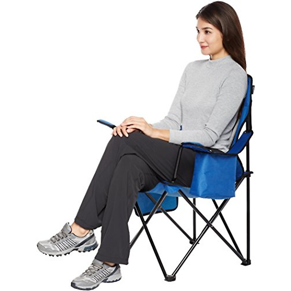 Amazon Basics Portable Camping Chair with 4-Can Cooler, Side Pocket, Cup Holder, and Carry Bag, Collapsible for Camping, Tailgates, Beach, and Sports, Large, Mesh Back, Blue