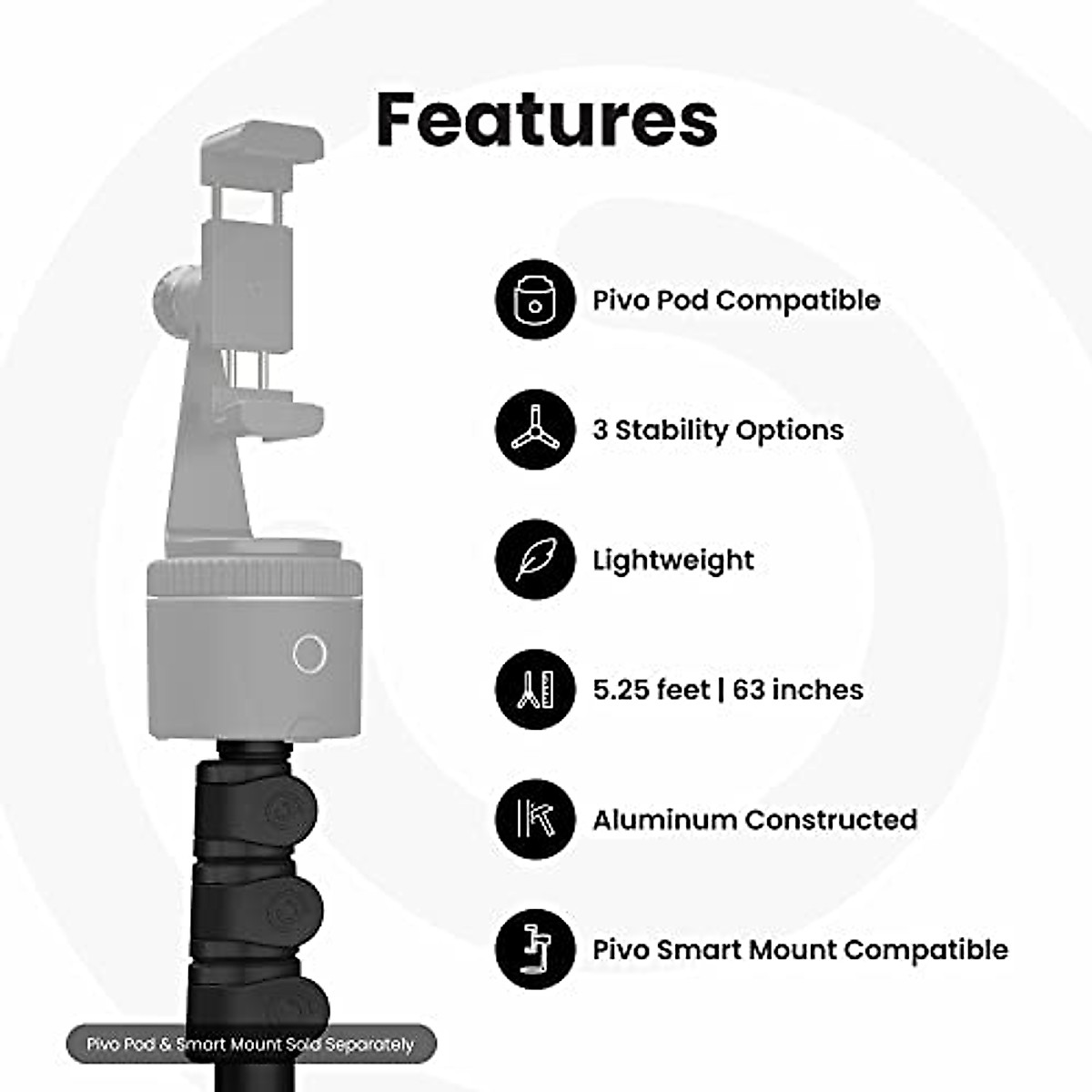 Pivo Tripod - Portable 63-inch Stand Aluminum Lightweight for Smartphone and Camera with Universal 1/4" Thread 3 Level Option for Action Camera, DSLR & Pivo Pods