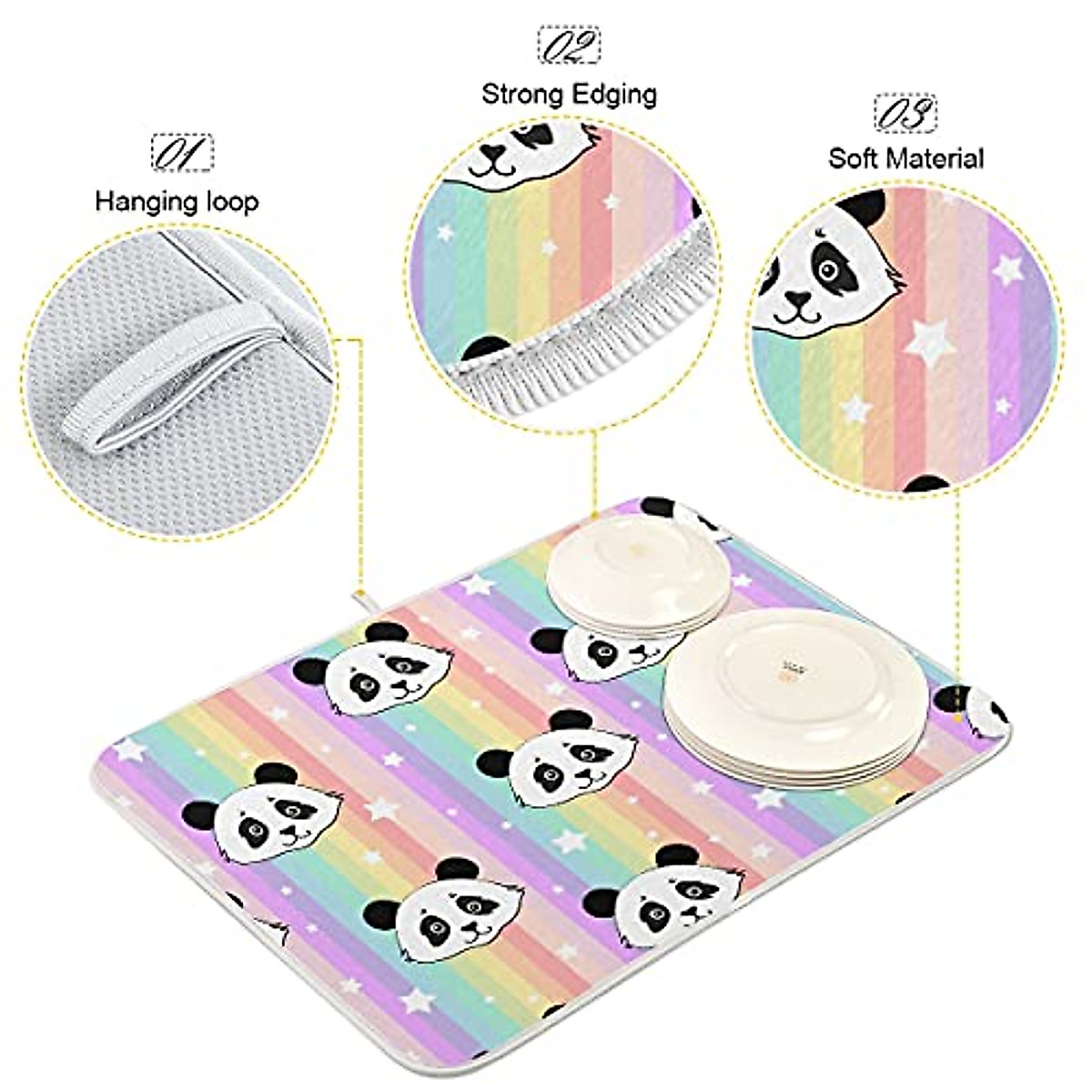 Cartoon Panda Rainbow Stripe Dish Drying Mat Counter Mats for Kitchen Dish Drainer Tray Heat Resistent Mat Terry Cloth Dish Drying Mat 18 x 24