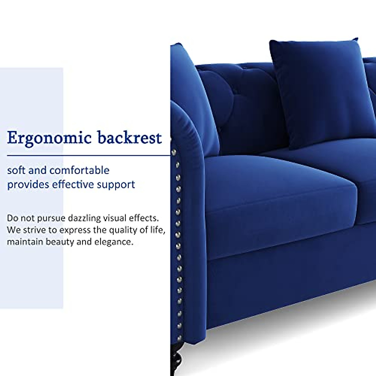 ERDAYE 80" Chesterfield Sofa Tufted Velvet Upholstered 3-Seater Couch with Scrolled Arms and Nailhead Decoration,3 Pillows Included, Blue