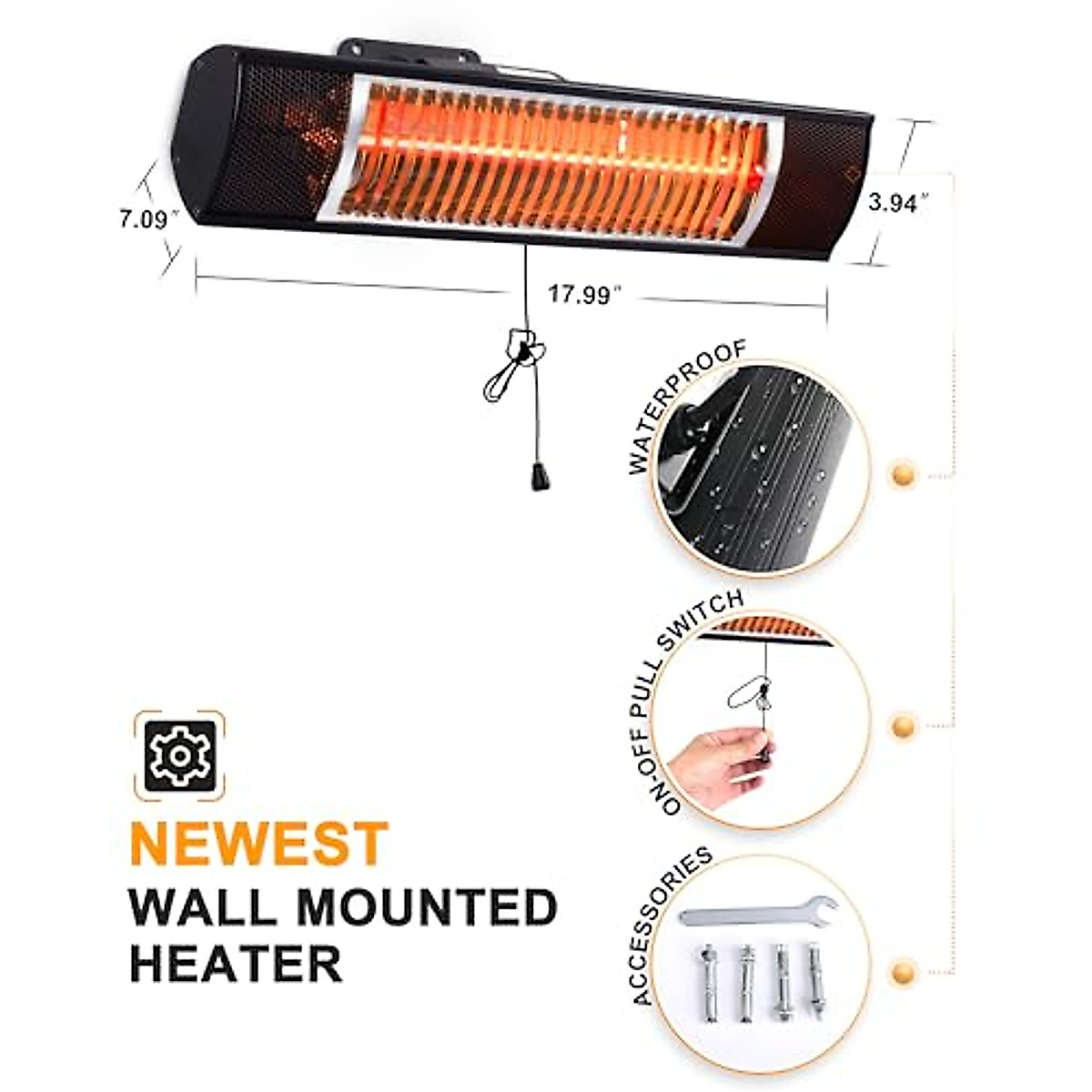 Star Patio Electric Patio Heater, Indoor/Outdoor Heater, Infrared Heater, Wall Mounted, Outdoor Heaters for Patio, Garage Heater, Space Heater, 1500W, Black, STP1580-SW