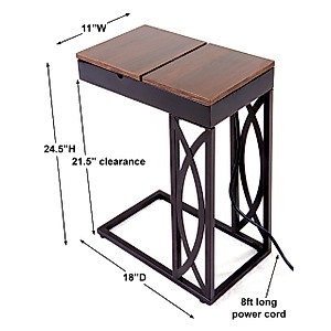 Leisure Space SeeTable - Stash with Device Stand, Charging Station, and Storage (Dark Brown Frame/Walnut Finish Table Top) - C Table/End Table/Side Table/Accent Table