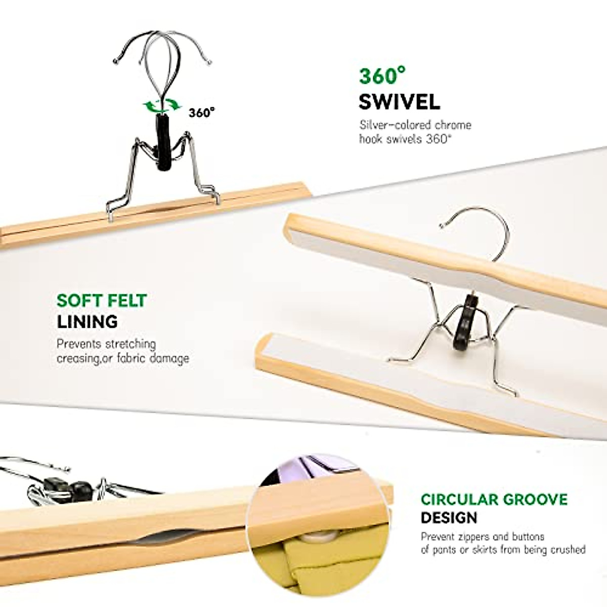 Nature Smile Wooden Pants Hangers 10 Pack Non Slip Skirt Hangers, Smooth Finish Solid Wood Clamp Hangers Hair Extension Hangers Jeans/Slack Hangers with 360° Swivel Hook - Pants Clip Hangers (Natural)